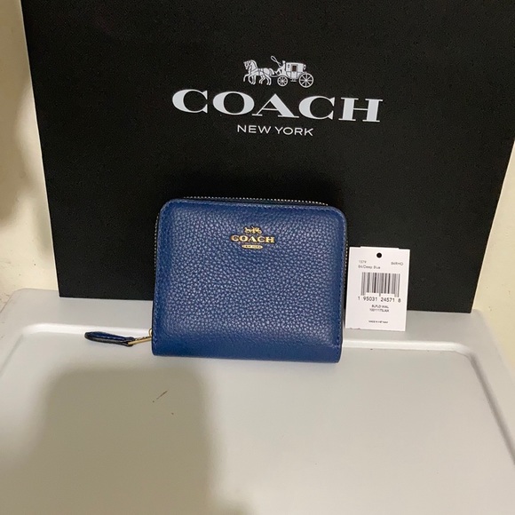Coach | Bags | Coach Polished Leather Billfold Wallet Deep Blue Pebble ...